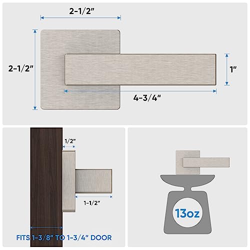 TICONN 2Pk Door Handle Heavy Duty, Reversible Square Door Lever for Bedroom, Bathroom and Rooms (Satin Nickel, Dummy - Front Mount, 2 Pack)