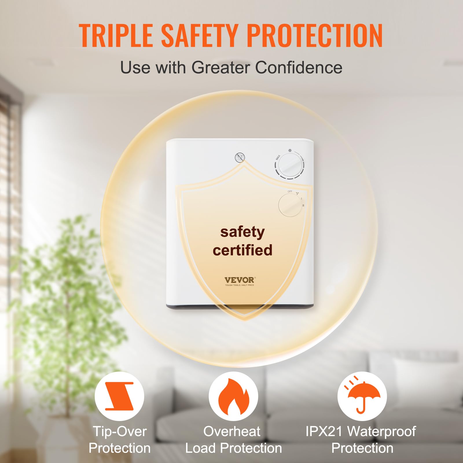 VEVOR Electric Wall Heater 1500W, Small Space Heaters with Knob Adjustment, Tip-Over & Overheat & IPX24 Waterproof Safety Protection, Wall-Mount/Tabletop for Indoor Use, Fixed Screws Included, White
