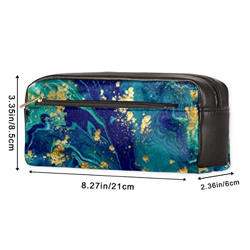 TropicalLife Turquoise Marbling Texture Golden Pencil Case, Portable Pu Leather Pencil Pen Case Pouch Bag with Zipper for Travel, School, Cosmetic Bag