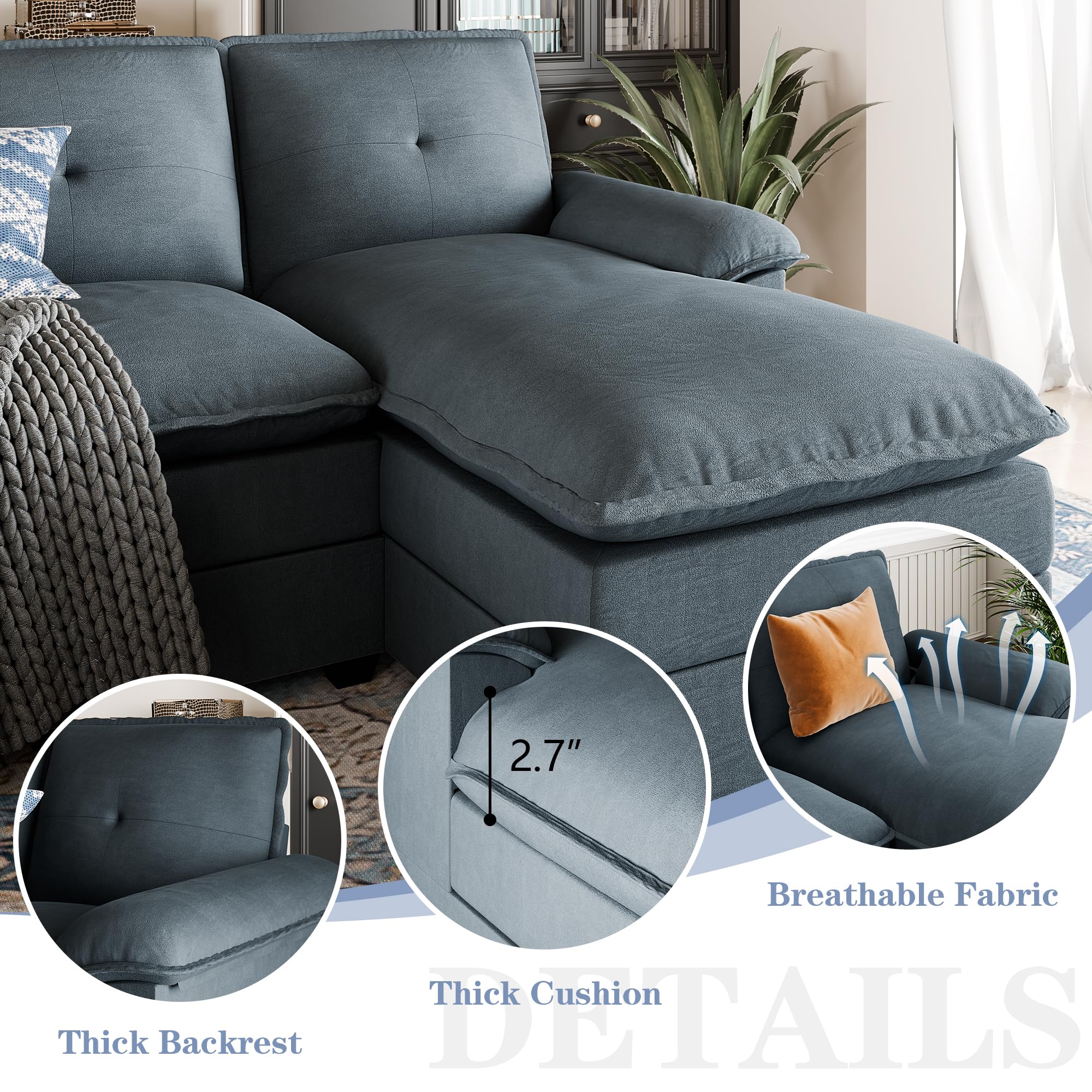 Shintenchi 110" Modular Sectional Couches for Living Room, U-Shaped Sofa Couch with Double Chaise, 4 Seat Sofa Sets with Thick Cushion & Soft Backrest, Dark Grey