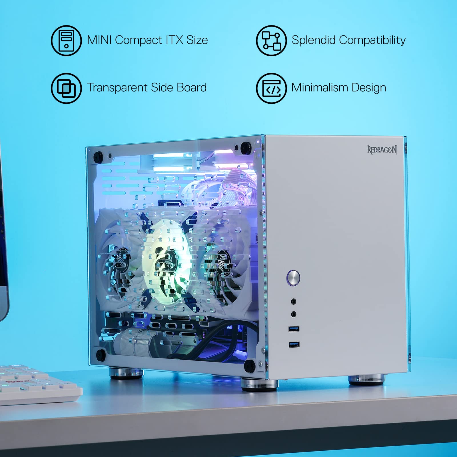 Redragon EB211 Mini-ITX Gaming PC Case, Small Form Factor Computer Chassis w/Vented Honeycomb Acrylic Transparent Panels, Triple-Slot GPU and 360 Degree Accessibility, White