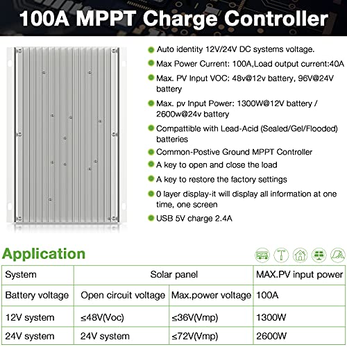 OOYCYOO MPPT Charge Controller 100 amp 12V/24V Auto, 100A Solar Panel Charge Regulator with Blacklight LCD Display Max 100V for Lead-Acid Sealed Gel AGM Flooded Lithium Batter