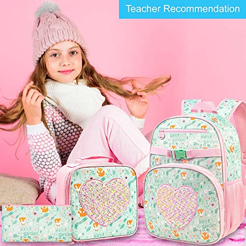 TXHVO 3PCS Kids Backpack for Girls, 16β Preschool Bookbag with Lunch Box, Cute Girl Sequin Backpacks for Elementary School