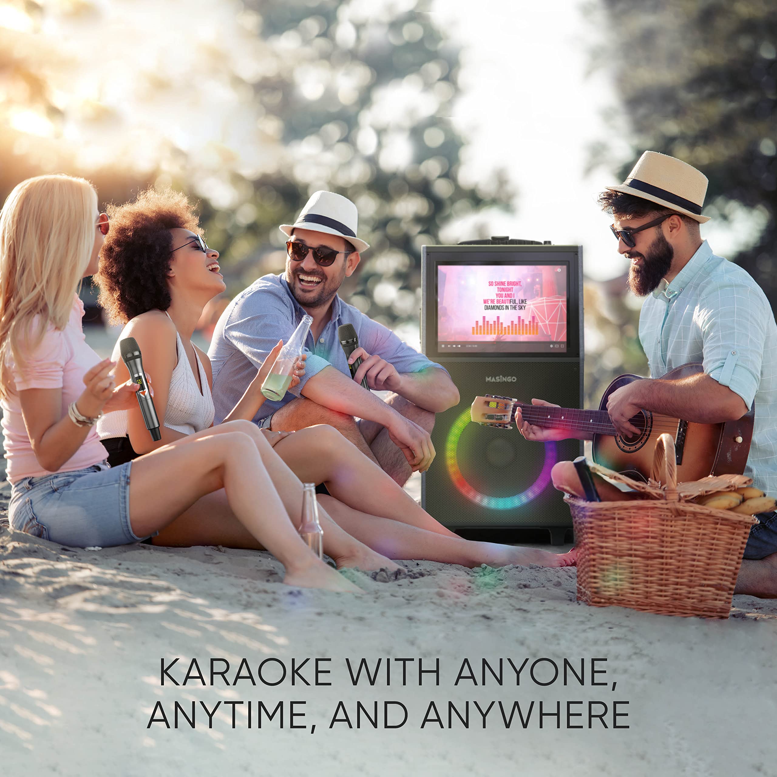 MASINGO 2022 Professional Karaoke Machine with Lyrics Display Screen - Bluetooth Portable PA Speaker System with WiFi, Built-in 15" Tablet, LED Lights + 2 Wireless Microphones (Renewed)