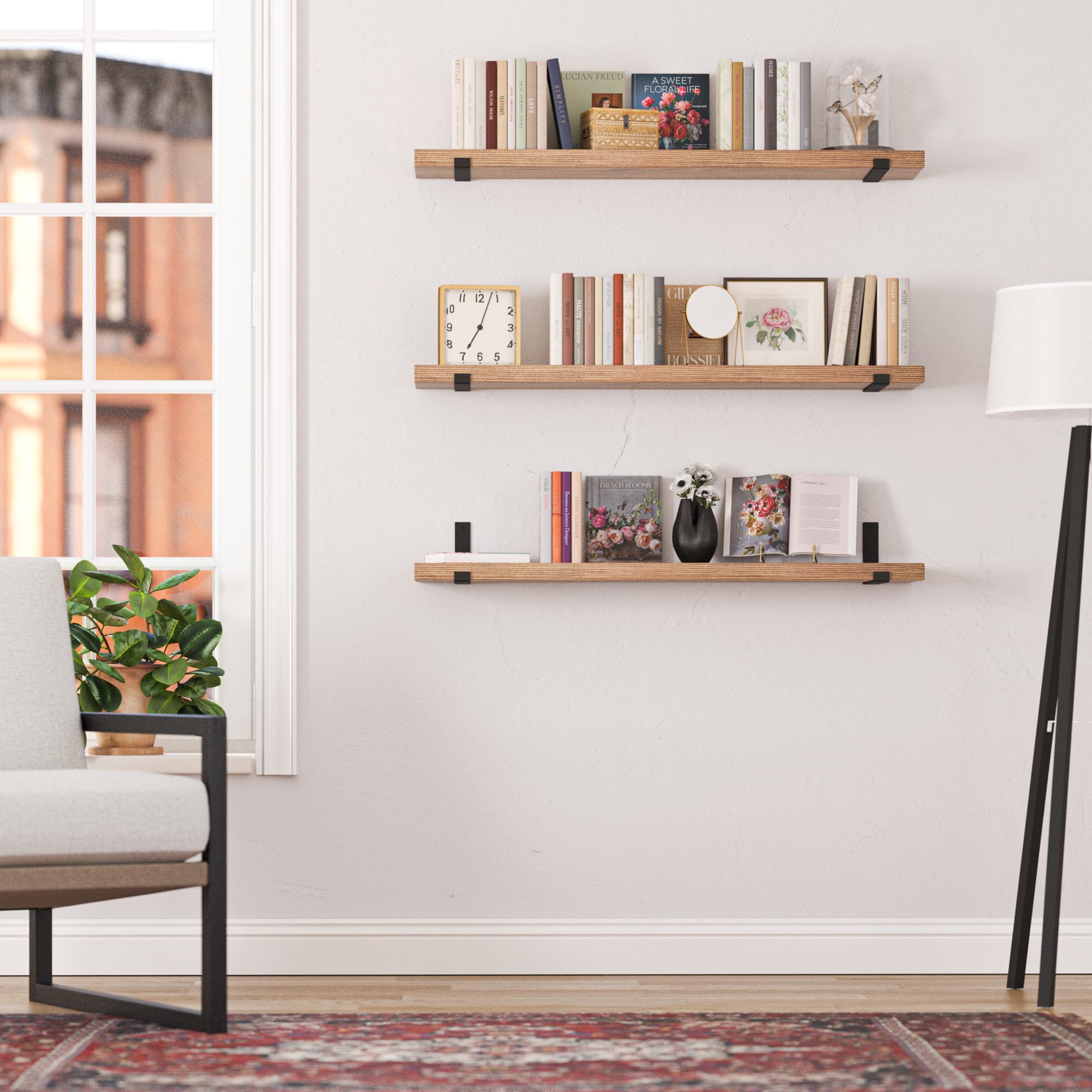 Wallniture Forte 48"x9.25" Floating Shelves for Wall Storage, Wall Bookshelf Living Room, Kitchen Floating Shelf, Wall Shelves for Bedroom, Home Office, Burnt, Wood