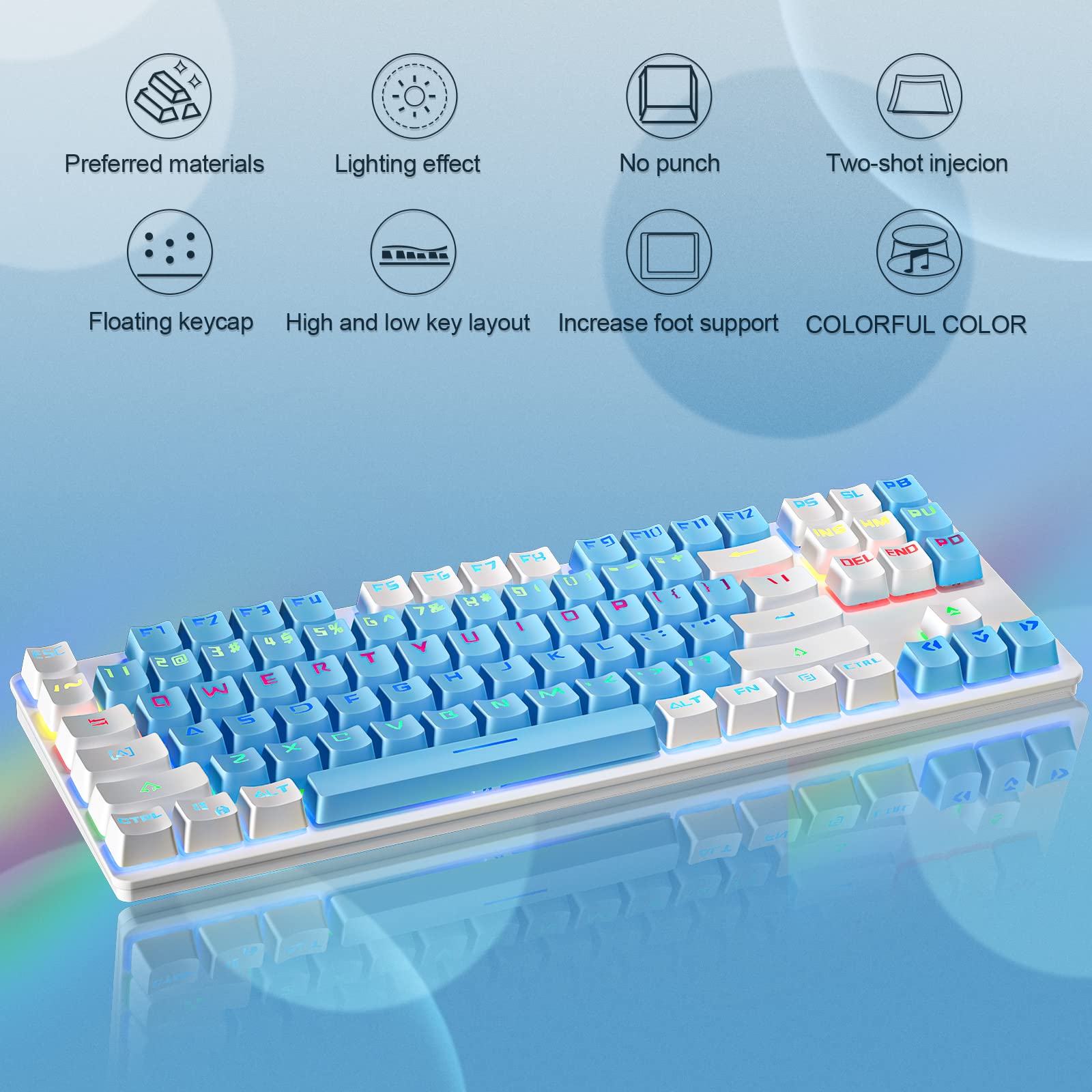 MIHIYIRY K400 Mechanical Gaming Keyboard, 87 Key Computer Keyboard Blue Switch Mechanical Keyboard with RGB Backlight with Type-C Cable for Win/Mac