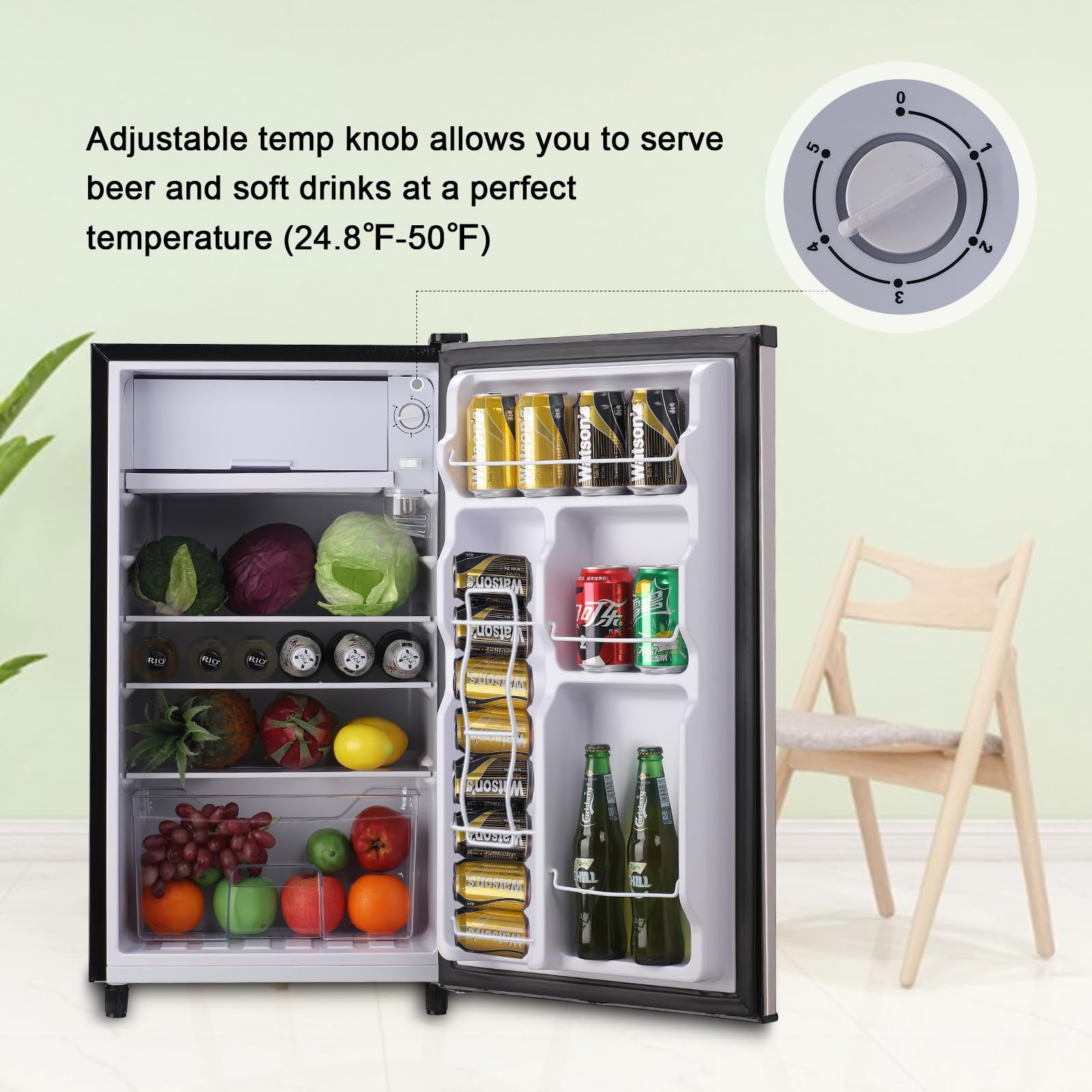 WANAI Mini Fridge 3.2 Cu.ft Single Door Compact Refrigerator with 5 Temp Adjustable Control Energy-efficient, for Home Kitchen Apartment Dorm Office