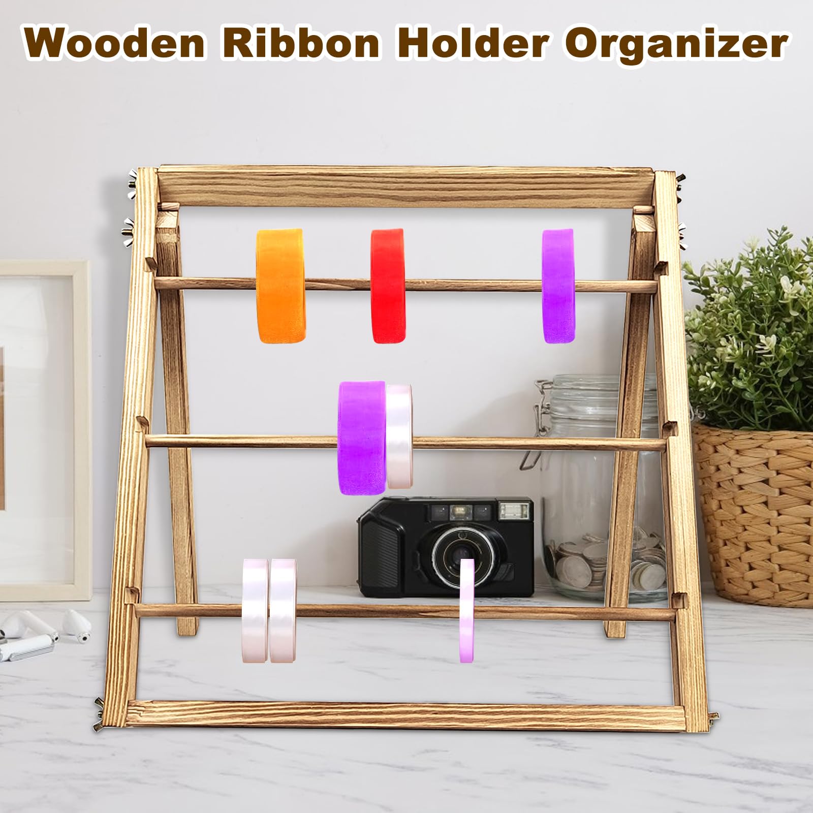 Ribbon Storage Rack Wooden Ribbon Organizer Ribbon Rack Fumigate Wood Spool Rack for Mesh Crochet Thread Tulle Roll Washi Tape Craft