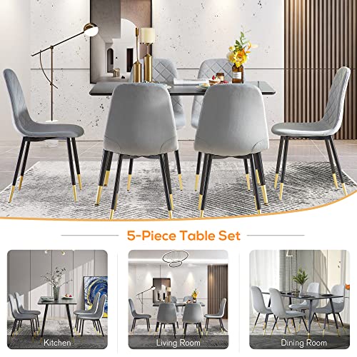 Ufurpie 5-Piece Dining Table Set, 47'' Rectangle Kitchen Table and 4 Grey Velvet Chairs,Solid Metal Gold Legs, Perfect for Kitchen, Breakfast, Dining Room Set for 4