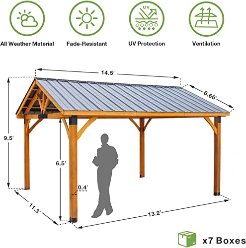 U-MAX Wooden Gazebo 14.5x11ft for Outdoor BBQ Grill and Relaxation, Sturdy Brown Permanent Pavilion for Patios, Gardens, and Lawns