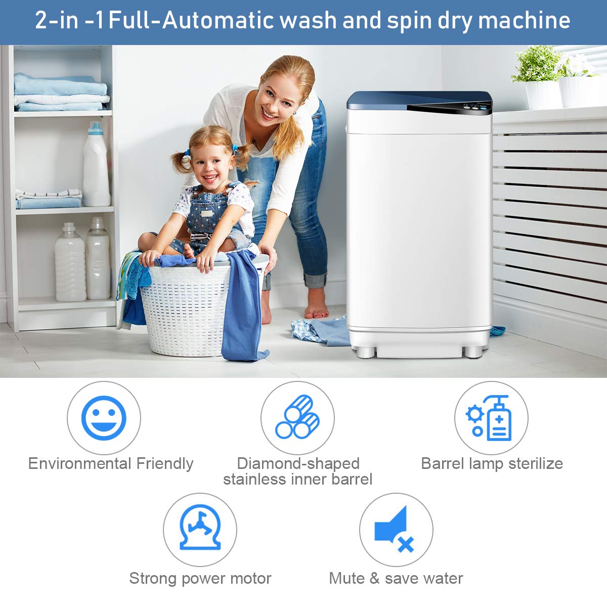Waterjoy Portable Washing Machines, 7.7 lbs Load Capacity Portable Washer and Dryer Combo with Built-in Barrel Light & LED Display for Household and Apartment (Blue)