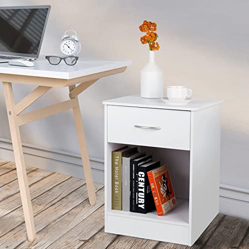 TUSY 2 PCS White Nightstand with Drawer, Bedside Table Side Table for Small Place, Bed Table End Tables for Living Room Bedroom, File Cabinet Storage with Sliding Drawer and Shelf