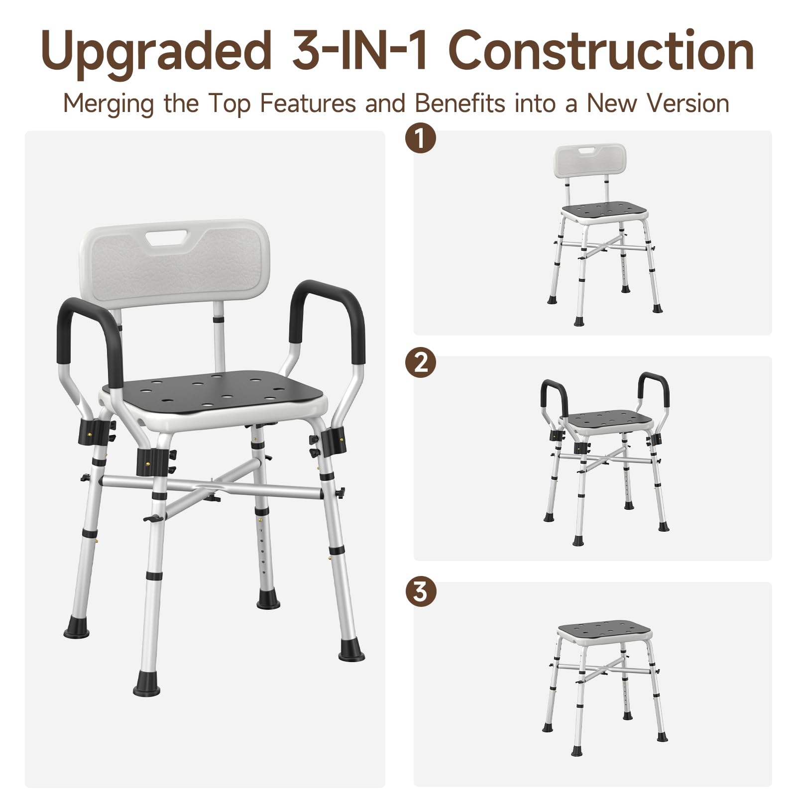 WAYES Shower Chair with Arms and Back - Bariatric Shower Chair, Up to 500 Lbs, Heavy-Duty, Adjustable