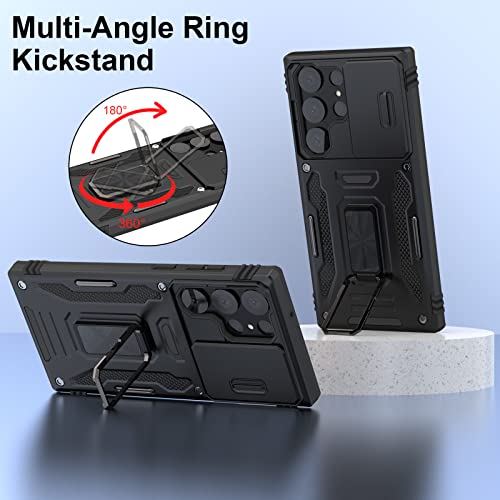Samsung Galaxy S23 Ultra Case with Slide Camera Cover Polycarbonate Shockproof Phone Case with 360°Rotate Magnetic Ring Stand for Galaxy S23 Ultra 6.8 inch - Black