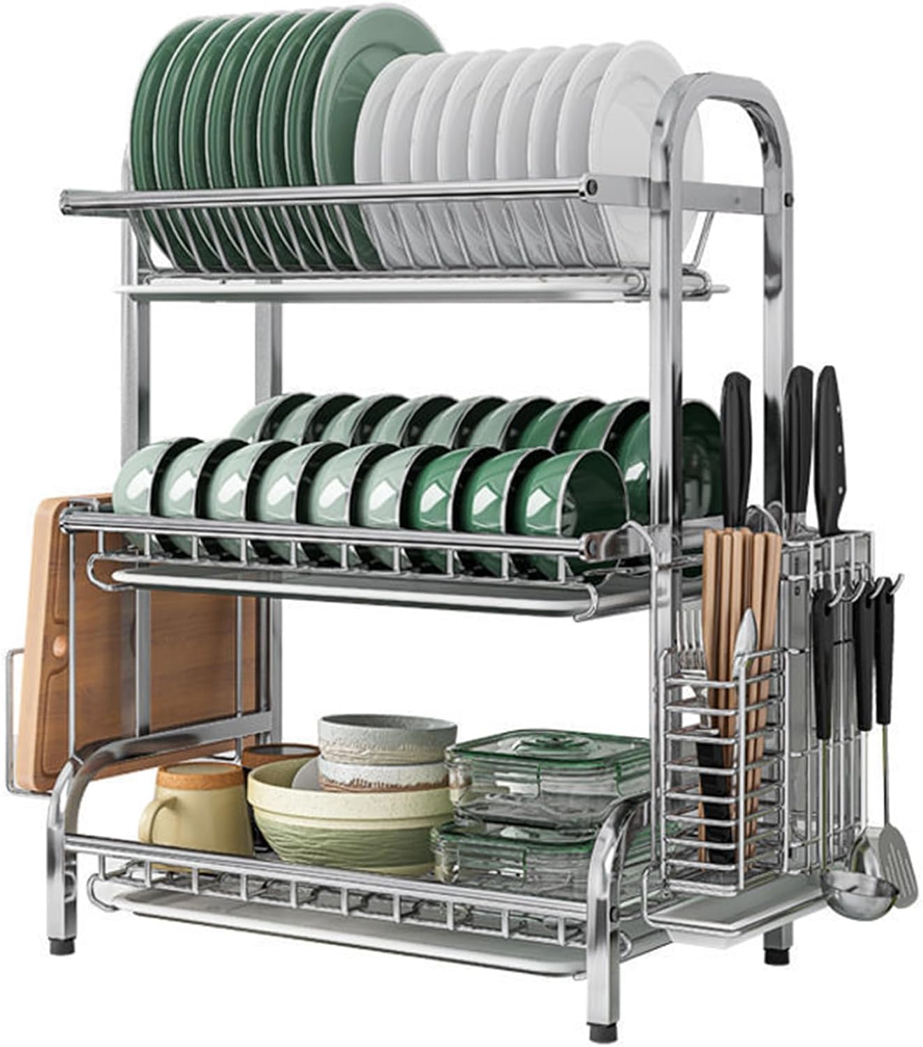 Stainless steel kitchen utensil drain rack - rust proof, kitchen countertop three-layer utensil rack with drainage layer, cutting board rack, dishwashing rack, large capacity kitchen storage rack