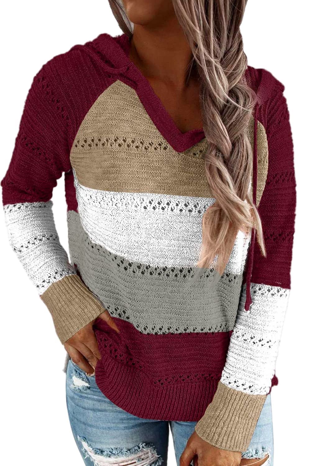 Vemodoo Women Hoodies Long Sweater Women's Color Block Knit Hoodies Sweaters V Neck Drawstring Lightweight Pullover Sweatshirts Red XX-Large