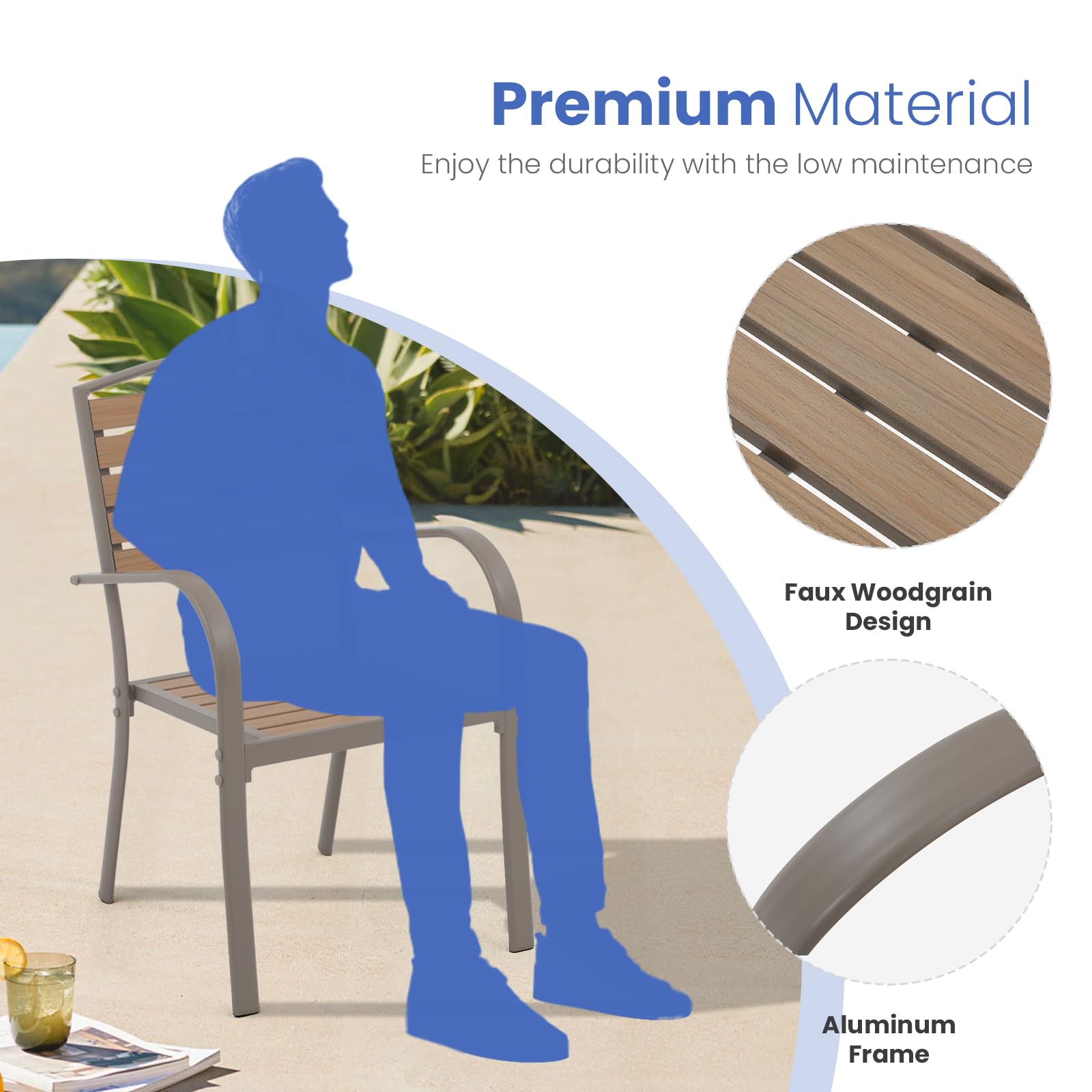 SUNSITT 7 Piece Outdoor Dining Set for 6, Aluminum Patio Dining Furniture Set with 59” Rectangle Dining Table & 6 Stackable Patio Chairs, Outdoor Table and Chairs w/Faux Wood Grain, Teak Wood Color
