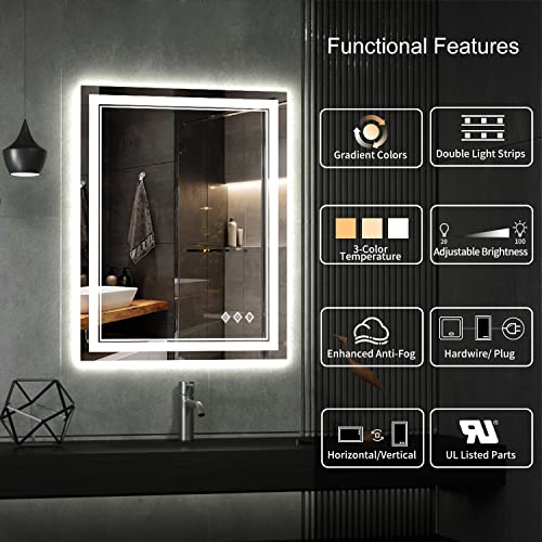 VanPokins LED Bathroom Mirror, 24x32 Inch Gradient Front and Backlit LED Mirror for Bathroom, 3 Colors Dimmable CRI>90 Double Lights, IP54 Enhanced Anti-Fog, Hanging Plates Wall Mount Lighted Mirror