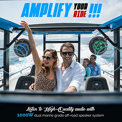 Pyle 2-Way Waterproof Off Road Speakers - 5.25" 1000W Active Passive Marine Grade Wakeboard Tower Speakers System w/ RGB Light, Full Range Outdoor Stereo Speaker for ATV/UTV Jeep Boat - PLUTV55BTR