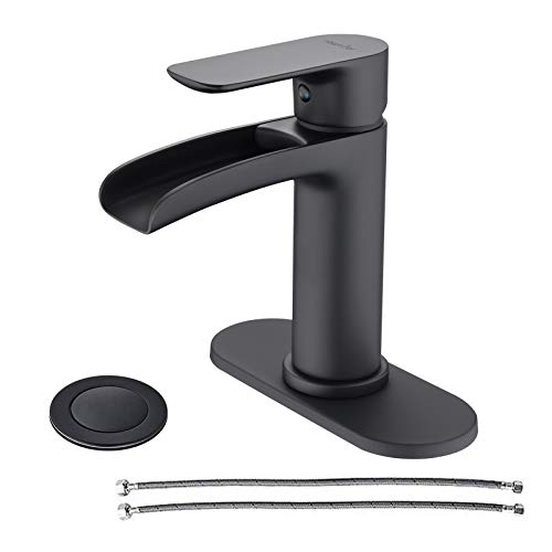 NEWATER Waterfall Brass Bathroom Faucet Single-Handle Black Bathroom Sink Faucet Matte Black Single Hole or 3 Holes 4 inch faucet for bathroom sinkļ¼RV Vessel Vanity Faucet with Deck Mountļ¼Pop-Up Drain