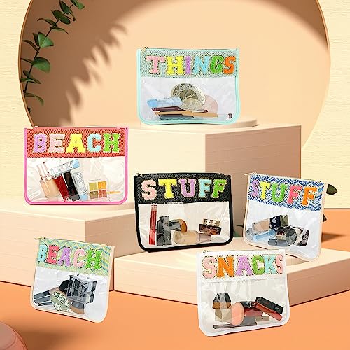 TOSOUATOP Makeup Bag With Glitter Chenille Letter, Clear Snack Letter Bag, Beach Bag, 【High-Capacity】, 【Woven Design】, 【Waterproof Material】, Travel Makeup Bag for Women/Girls,White-SNACKS