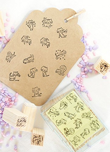 Youkwer 12 Pcs Mini Cute Wooden Rubber Stamps Set For Letters,Diary Craft,Scrapbooking in Matchbox(Vintage Lovely Cat)