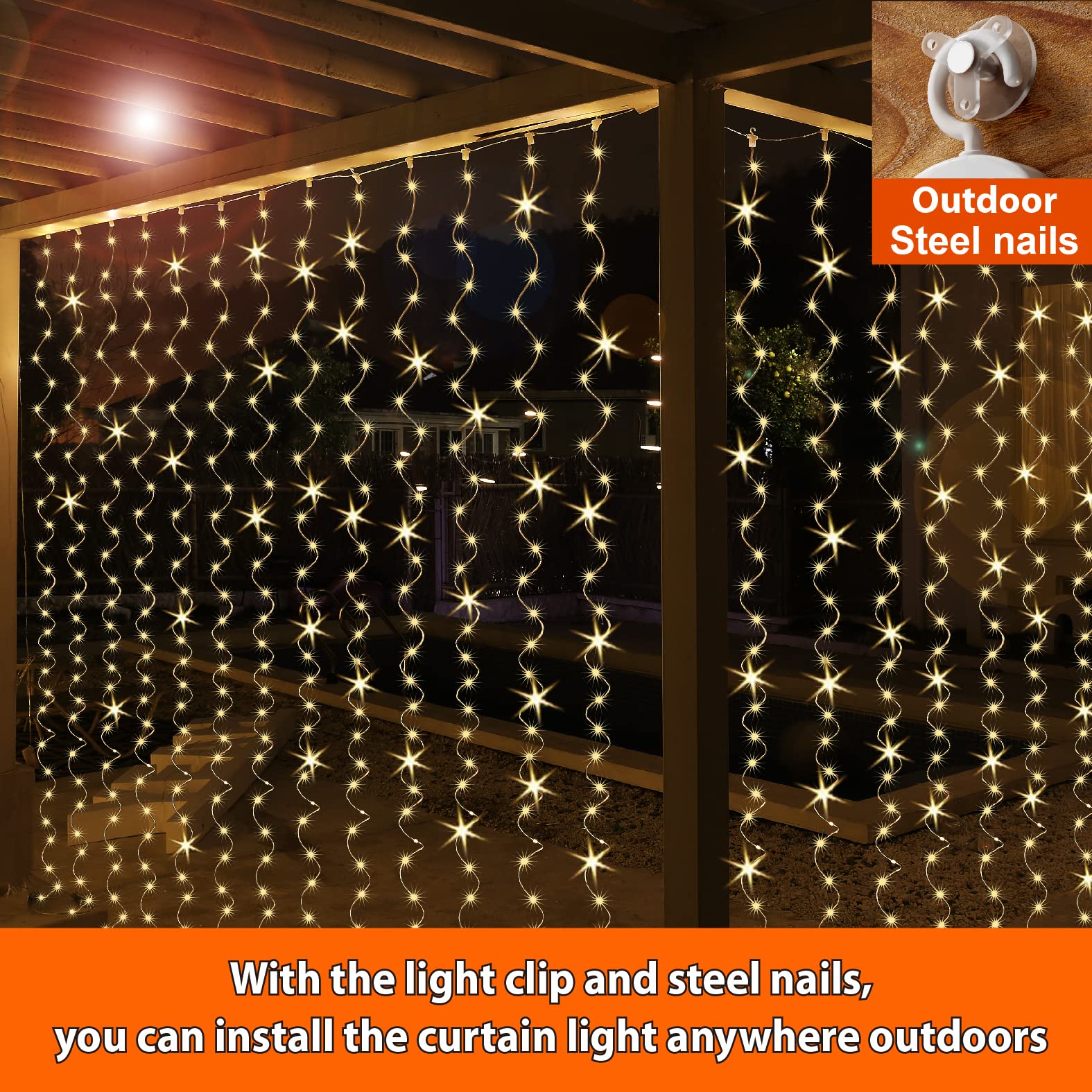 HXWEIYE Upgrade Curtain Fairy Lights Warm White 300LED with Rotating Clips & 12 Hooks, 9.8x9.8Ft Led String Light, Timer & 8 Modes USB Plug-in DIY Decorative Light for Bedroom Indoor Outdoor Wedding