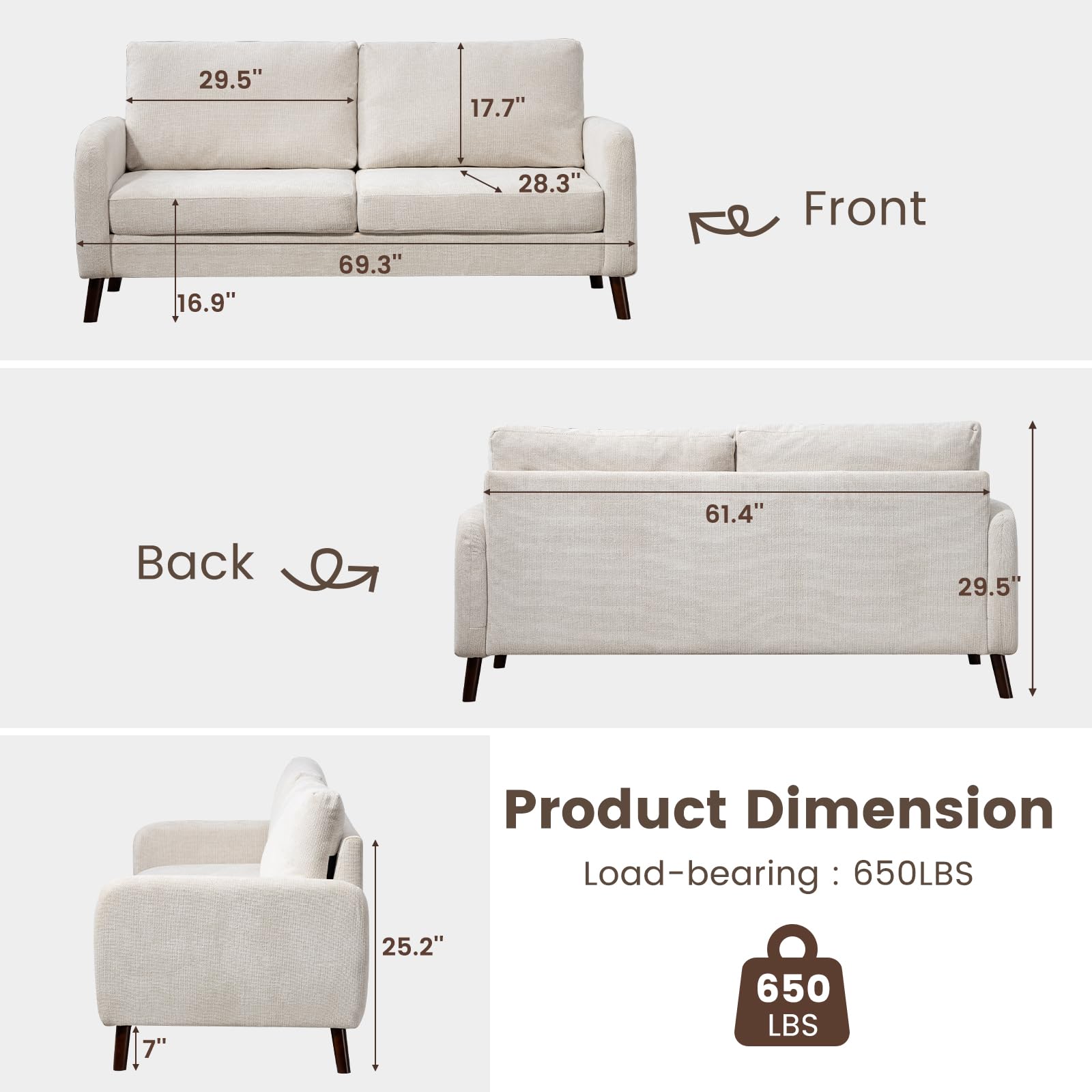 RIHEREFY 69'' Loveseat Sofa Couch, Small Couches for Small Space with Removable Backrest & Wooden Legs,Small Loveseat Sofa with Soft Cushion for Living Room,Bedroom, Apartment(Beige)