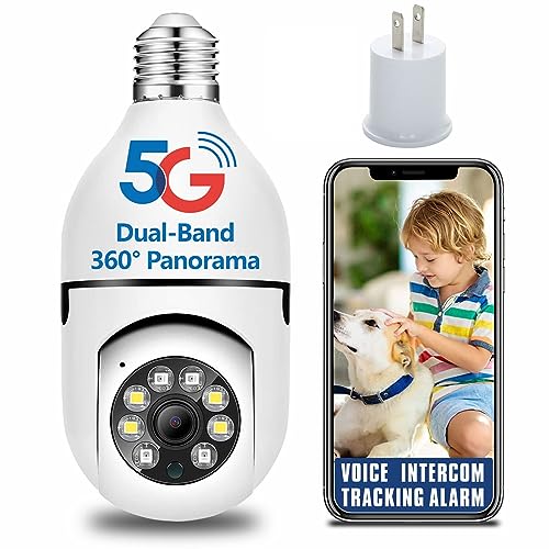 QAMY 3MP Light Bulb Security Camera, 5g WiFi Light Bulb Camera 360 Degree Full Colour Night Vision, Motion Detection, WiFi Panorama Camera Light Bulb Easy to Install, Support for Cloud Services