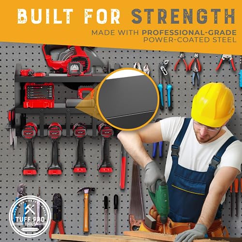Tuff Pro Tools Garage Power Tool Organizer Wall Mount - Adjustable, Heavy-Duty, and Rust-Resistant Storage Rack for Cordless Tools - Wall Tool Organizer and Storage with Circle Saw Holder Included