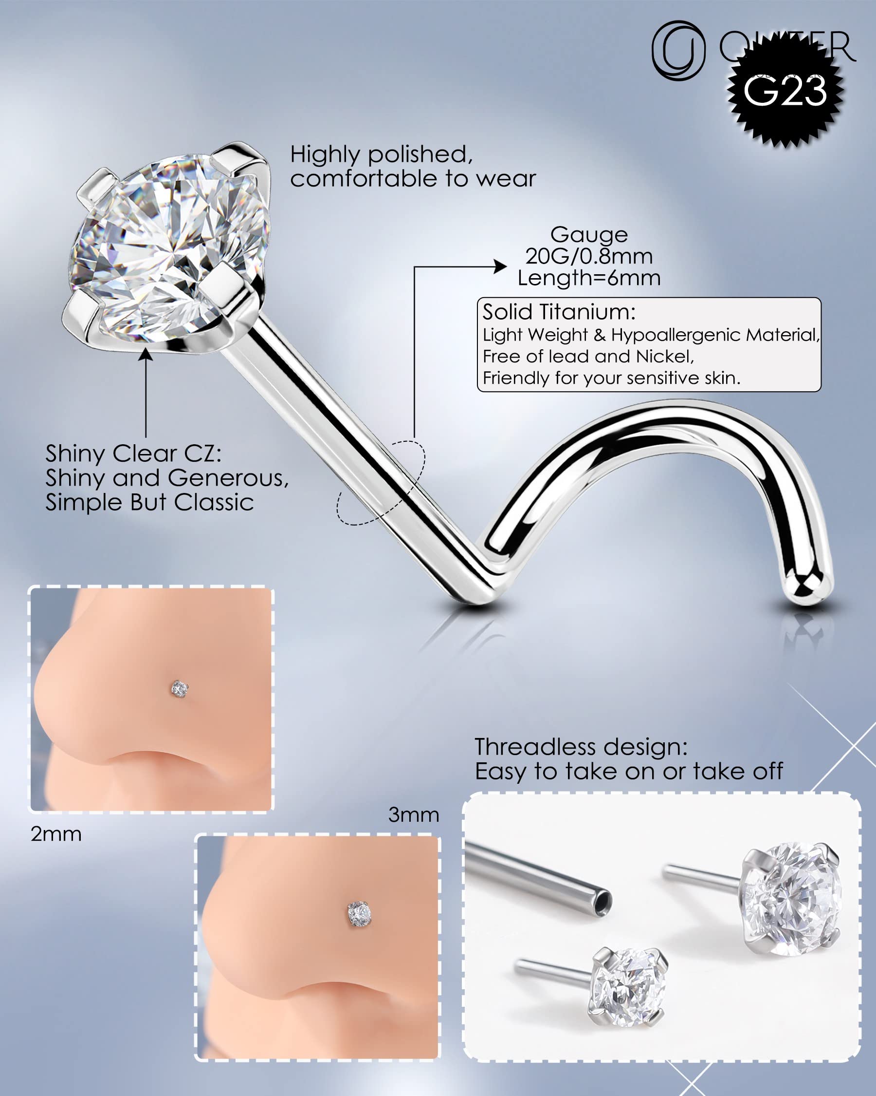 OUFER 20G Nose Screw Studs, G23 Solid Titanium Nose Studs, Round Clear CZ Paved Push-in Nose Rings, Nostril Piercing Jewelry for Women and Men-CZ 3MM