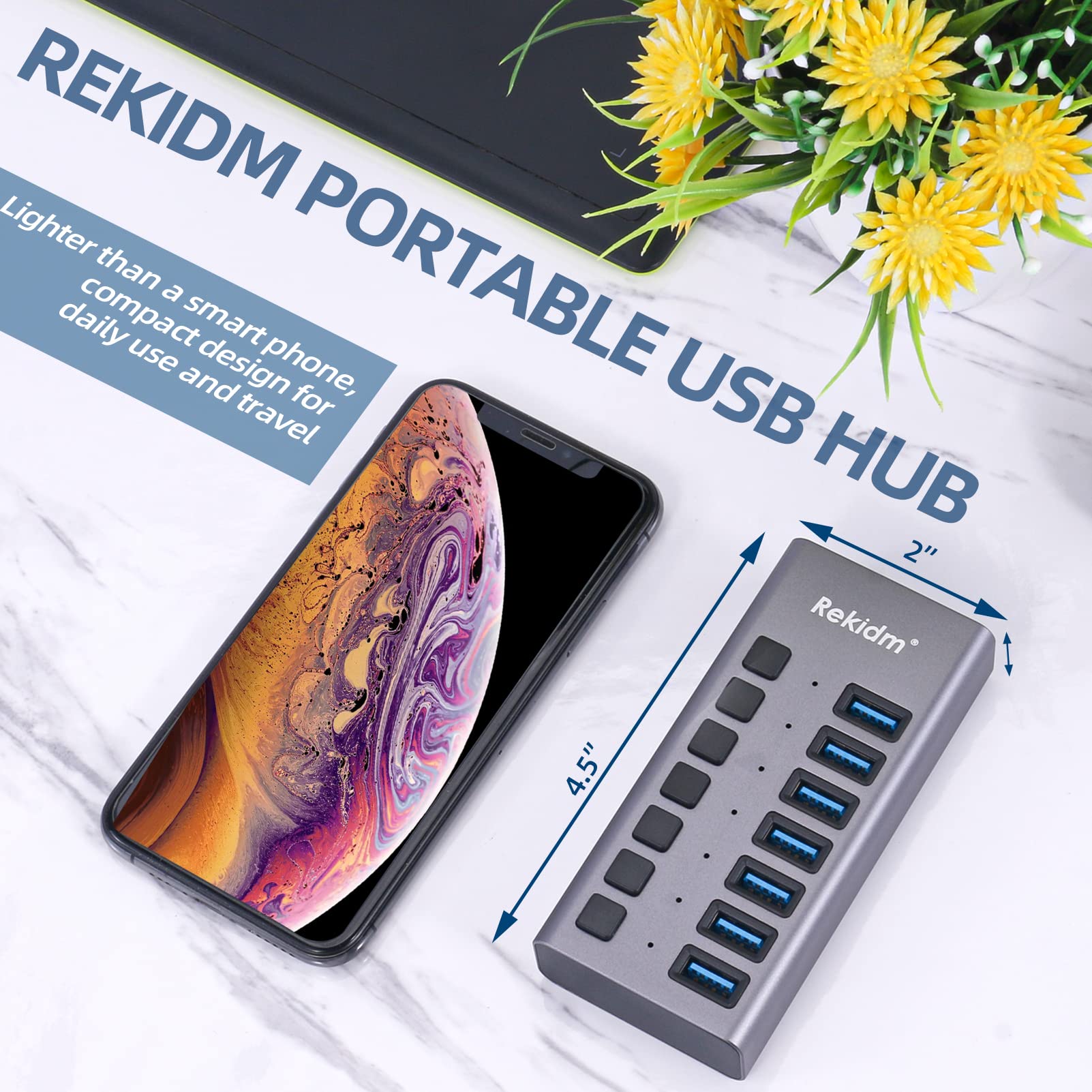 Powered USB HUB 3.0, Rekidm 7 Port USB 3.0 HUB Powered with AC Adapter 12V 2A, Aluminum Metal Design Durable Use for Stable Data Transfer, Individual On/Off Switches USB Extender for Desktop and PC
