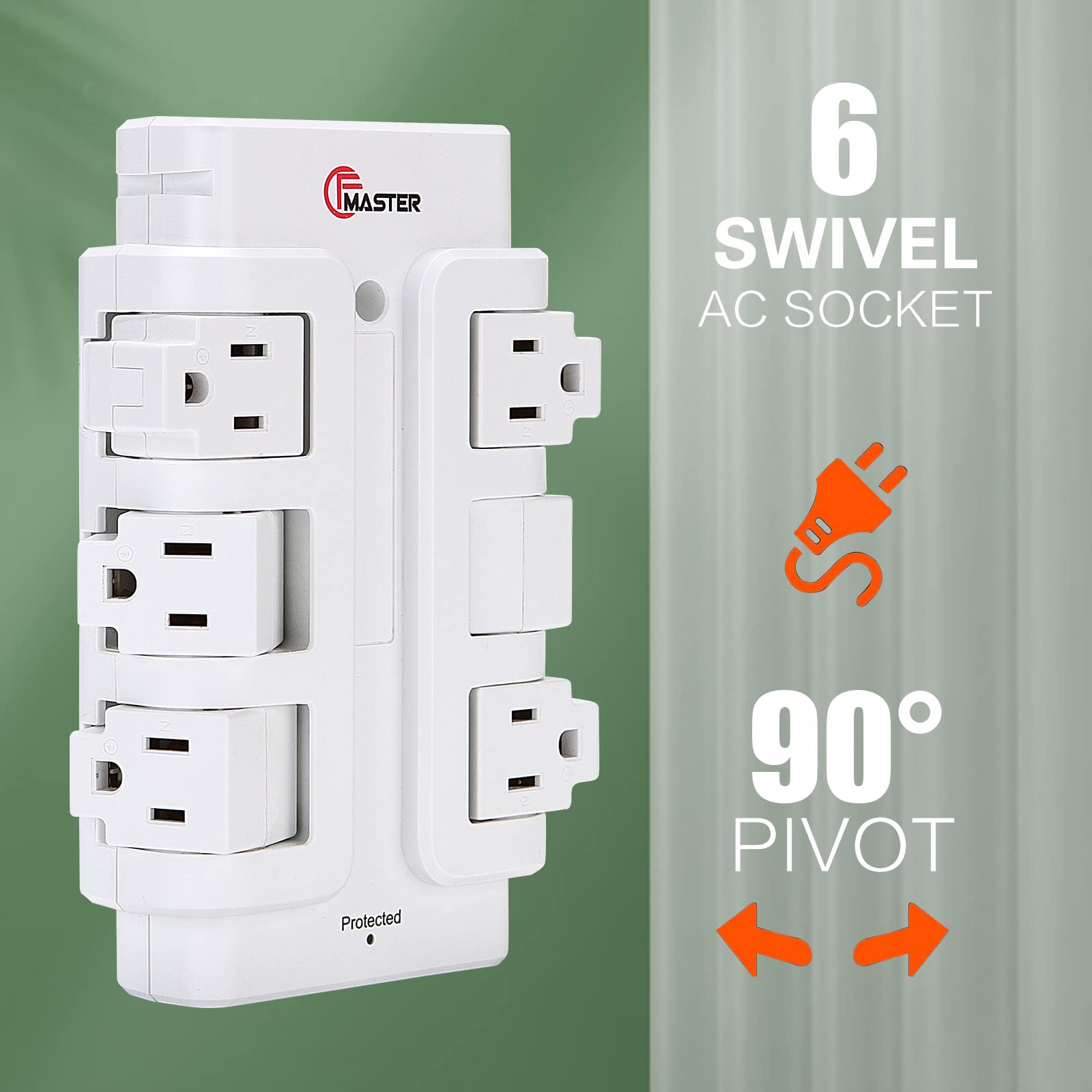 Outlet Extender, 6 90° Rotating Plugs, 15A, 125V, 1875W, 540J, Power Strip, Surge Protector Power Strip for Travel Hotel Office Home Wall Surge Protector, White