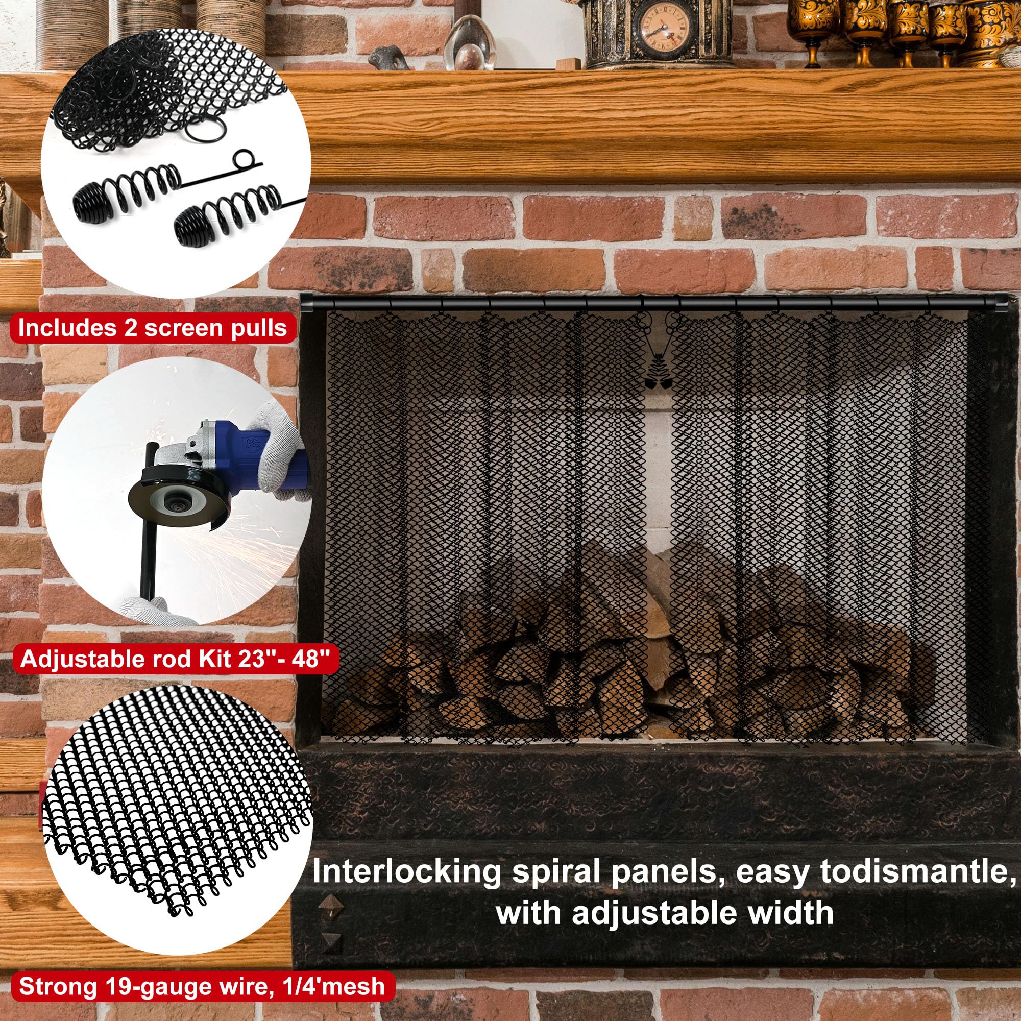 Rilth Fireplace Mesh Screen Curtain Kit with Adjustable Fireplace Curtain Rod, Adjustable Fireplace Screen Panels 23" H × 27.5" W Black Matte