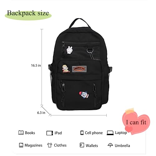 YJMKOI Kawaii Backpack for Girls with Pins Primary School Backpack Sweet and Cute Girl School Bag Kids BookBag, Black