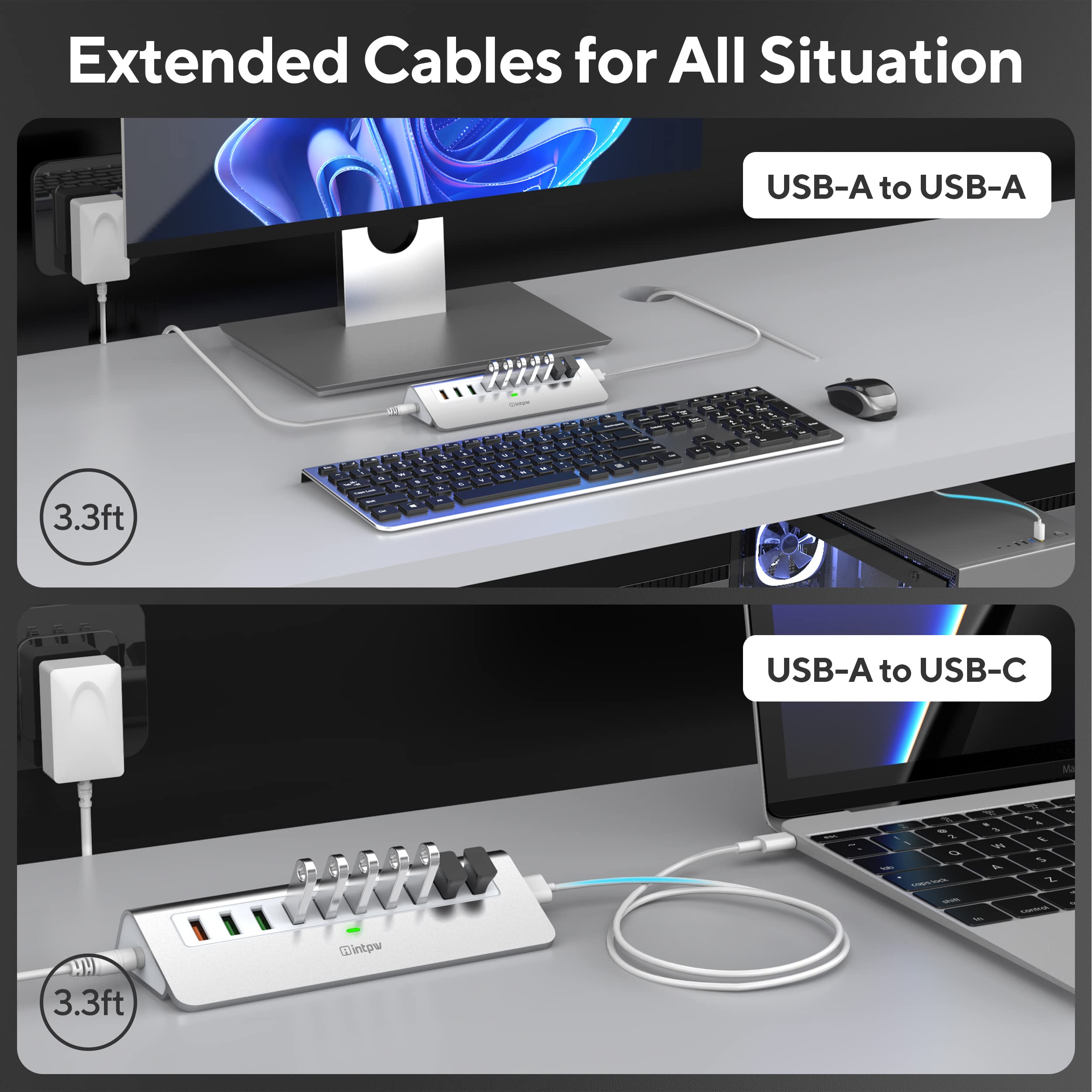 Powered USB Hub,10 Port USB 3.1/3.2 Gen 2 Hub 10Gbps 36W (12V/3A) Power Adapter, 7X 10Gbps USB Data Ports,1x QC 3.0, 2 x 2.4A Fast Charging Ports USB Port Hub Splitter for Laptop and PC