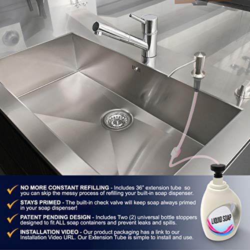 Sink Soap Dispenser Extension Tube (36β) with Check Valve (Maintains Prime) - Two Bottle Stoppers to Fit Most Soap Containers. No More Messy Refills. Provides a Lifetime of Convenience.