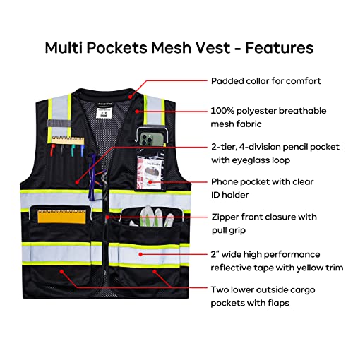 Neopelta Reflective Safety Vest Black Mesh, High Visibility Vest with Pockets and Zipper, Padded Neck, Black with Yellow Trim 2X