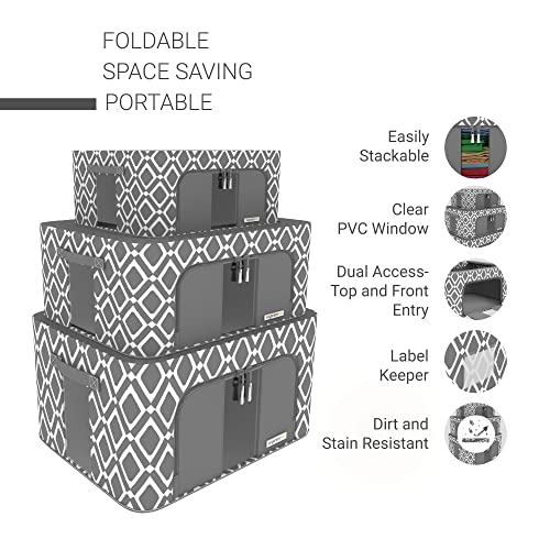 OrganizeME 3 Pack Stackable Clothes Storage Bin Metal Frame Collapsible Storage Box Foldable Bin For Blankets Cloths Comforters Closet Organiser Sturdy Handle Design with Clear Window (Graphite Grey)