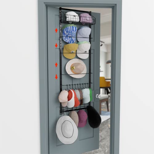 Yociyoga Metal Hat Racks for Baseball Caps, Over the Door Hat Organizer Hat Holder with Door Hooks & 17 Hat Hooks, Adjustable Tier Height Hat Hanger Hat Storage with Storage Basket, Black