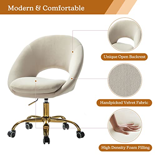 TINA'S HOME Modern Velvet Office Chair with with Adjustable Swivel, Comfy Upholstered Desk Chair with Open Back, Small Cute Chair for Living Room Study Vanity, Tan