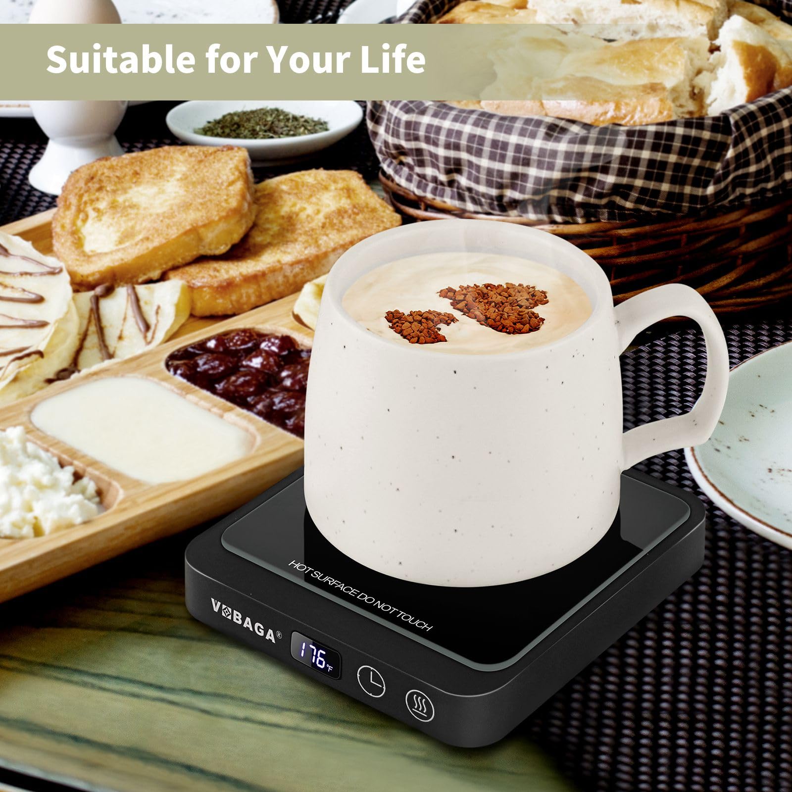 VOBAGA Mug Warmer, Coffee Cup Warmer for Office Home Desk with 5 Temperature Settings, Candle Warmer & Beverage Warmer with Digital Display Auto Shut Off for Heating Coffee, Cocoa, Milk, Tea(No Cup)