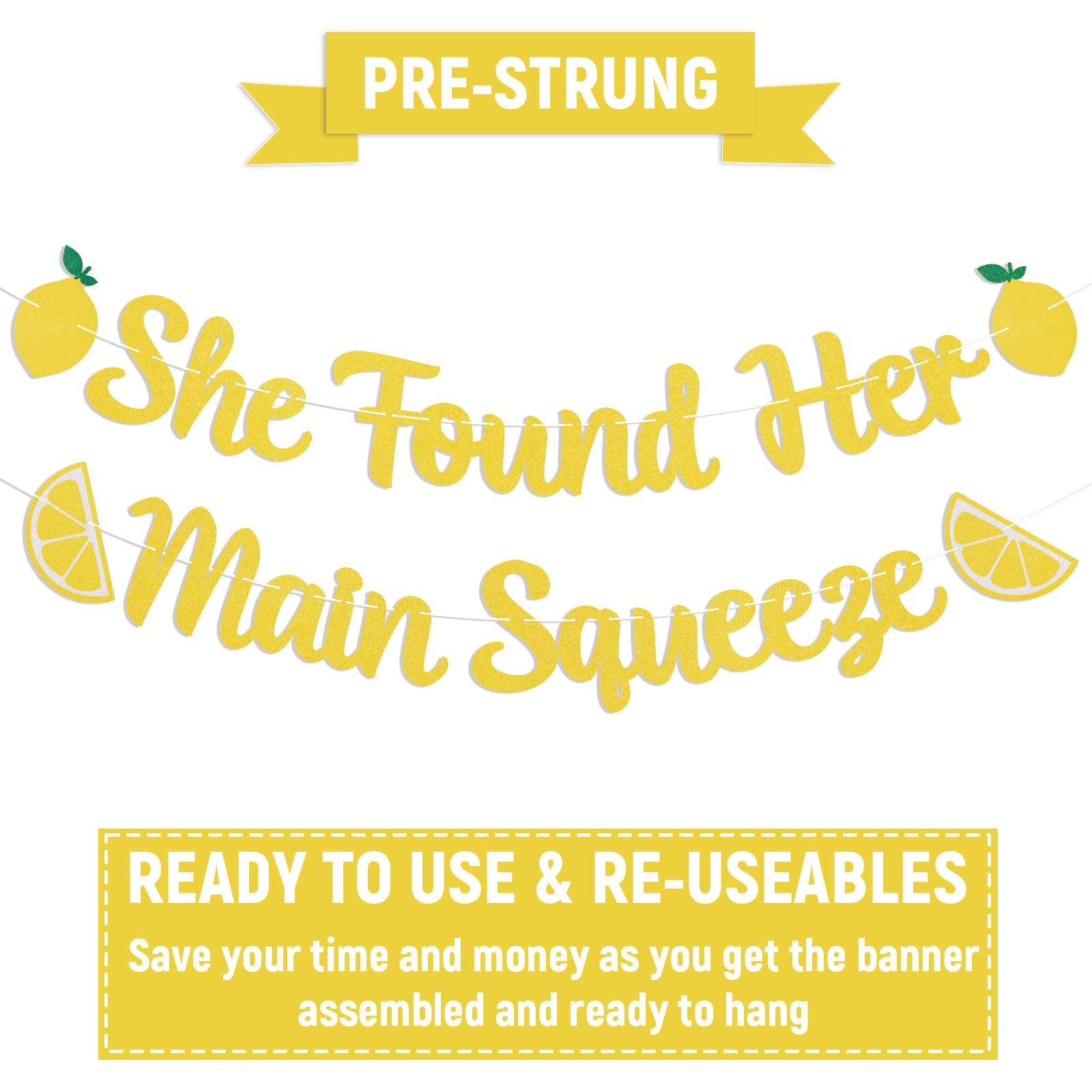 She Found Her Main Squeeze Banner - Spritz OโClock Banner, Lemon Citrus Lemonade Theme Bridal Shower Bride to Be Wedding Engagement Bachelorette Party Supplies Gold Glitter