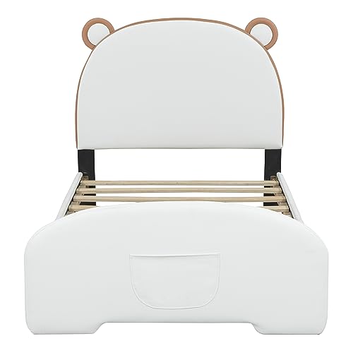 Twin Platform Bed Frame, Platform Bed for Girls Boys, Modern PU Leather Upholstered Platform Bed with Bear-Shaped Headboard and Footboard, Noise-Free, No Box Spring Needed (White+Brown)