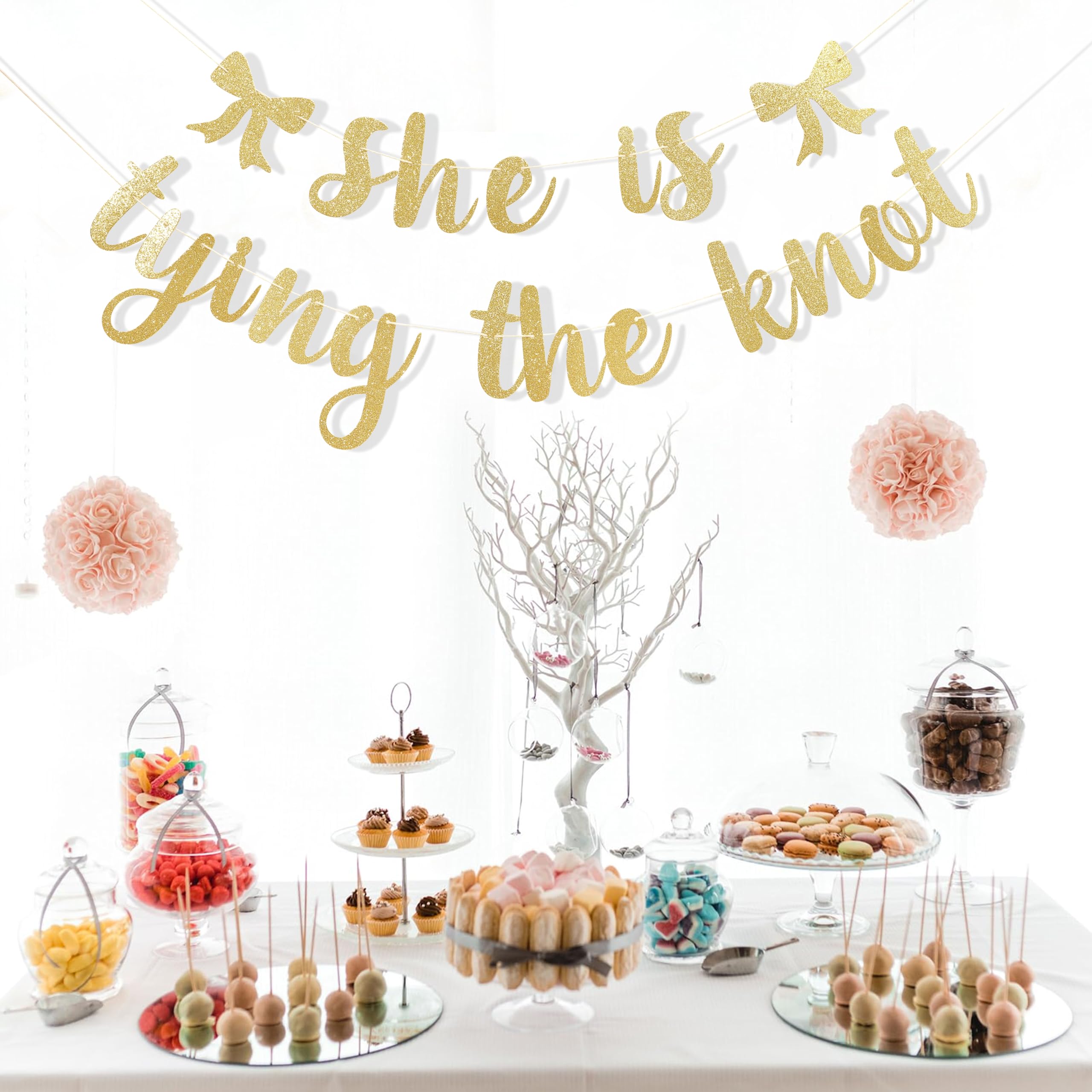 She is Tying The Knot Banner - Bridal Shower Banner Wedding Banner, Engagement Wedding Decorations, Wedding Theme Party Decoration Gold Glitter, Bridal Shower Photo Props