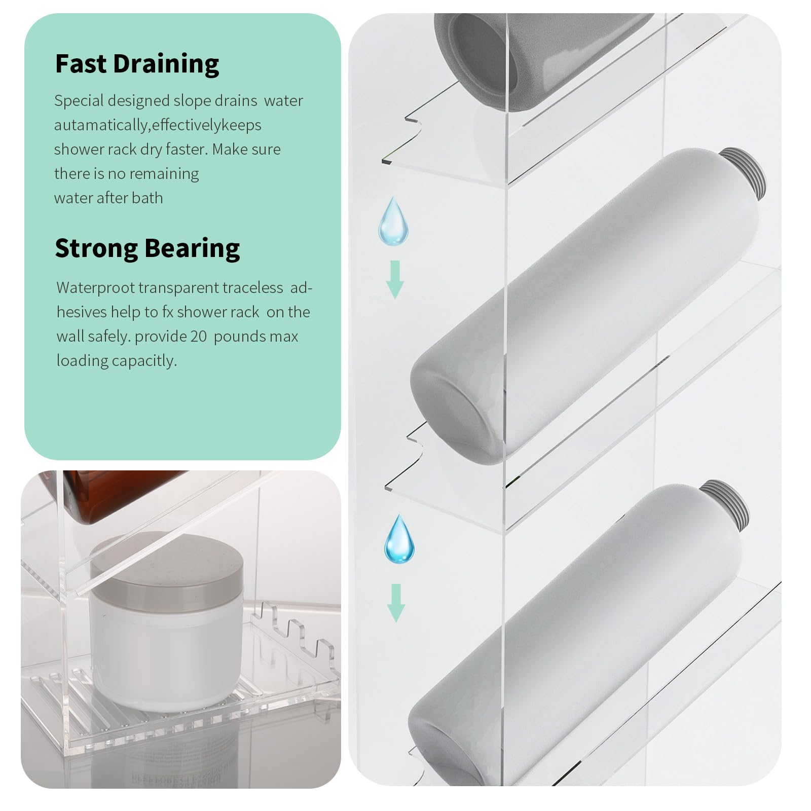 VEOFEMLEA Acrylic Shower Caddy Bathroom Organizer, Wall Mounted Clear Shampoo Holder, Shower Organizer, No Drilling and Rustproof(2 pack)