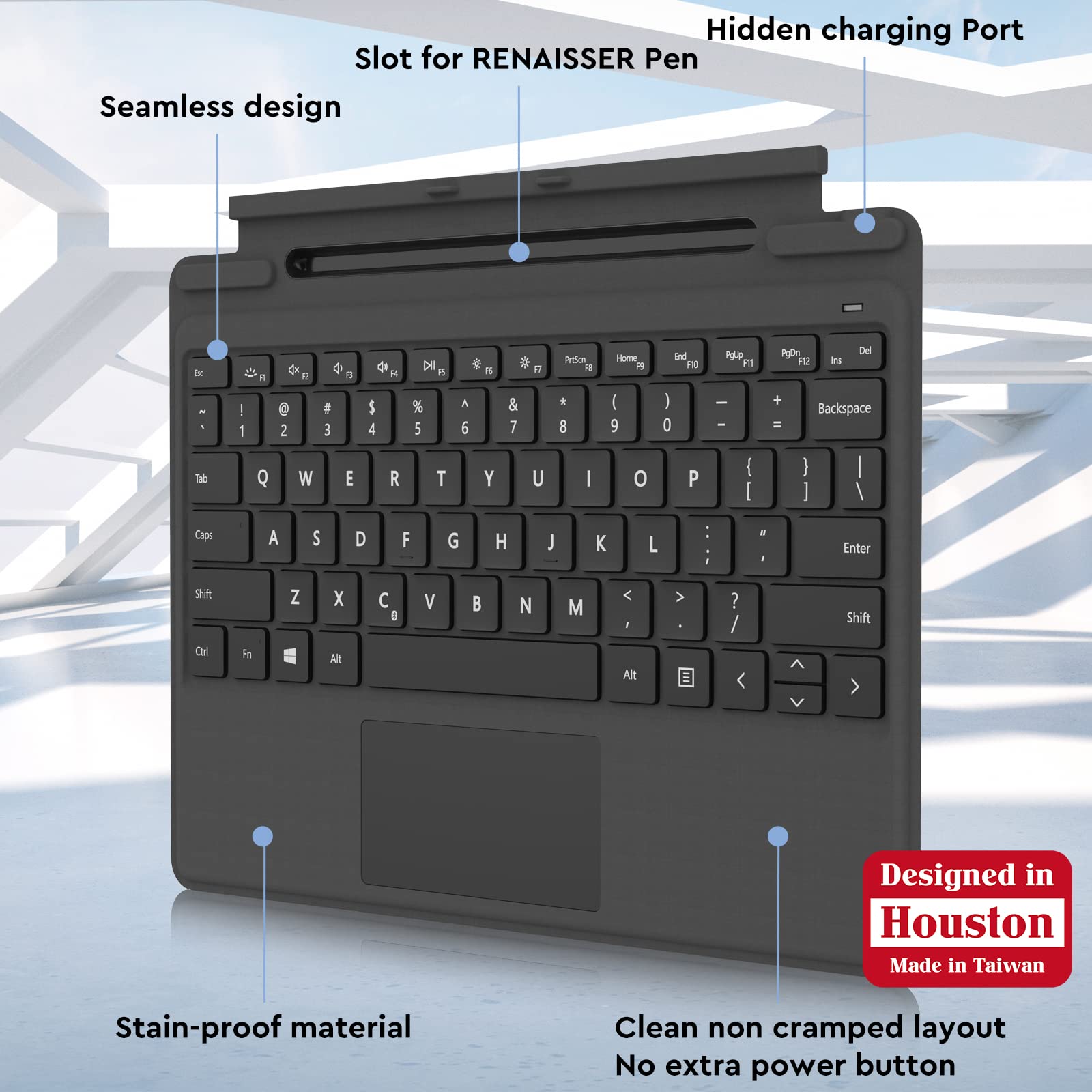RENAISSER Pelican K8 Keyboard and Raphael 520C Surface Stylus Combo for Surface Pro 9/8/X, Designed in Houston, Hidden Charging Port, Pen Slot Pens, Smart Power Management, Backlight