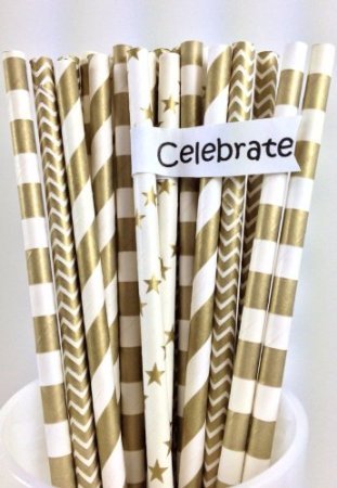 METALLIC GOLD, Vintage Paper Drinking Straws - HOLIDAY VALUE PACK - 4 Designs - 100 CT. by Twilight Parties