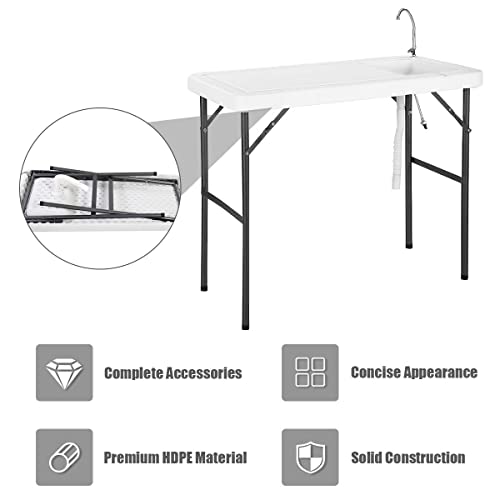 Goplus Portable Fish Cleaning Table with Sink, Folding Outdoor Camping Sink Station with Hose Hook Up, Heavy Duty Fillet Table with Faucet for Dock Beach Patio Picnic