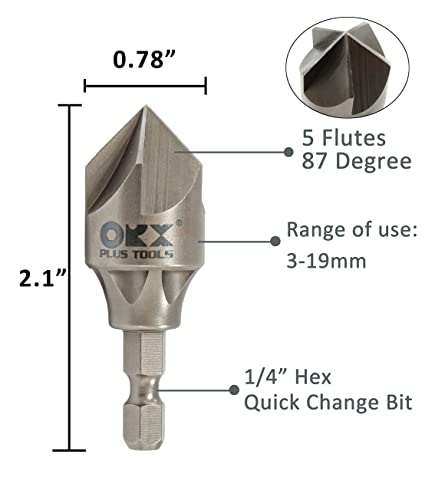 ORXPLUS Tools 5 Flute Metal Deburring Chamfer Drill Bit for Cleaning Pipe/Tube Burr, 87 Degree Quick Release Shank Fits for 1/8"-3/4"(3mm-19mm)